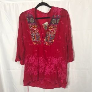 Johnny Was | Tops | Johnny Was Red Embroidered Half Button Pullover 34 ...